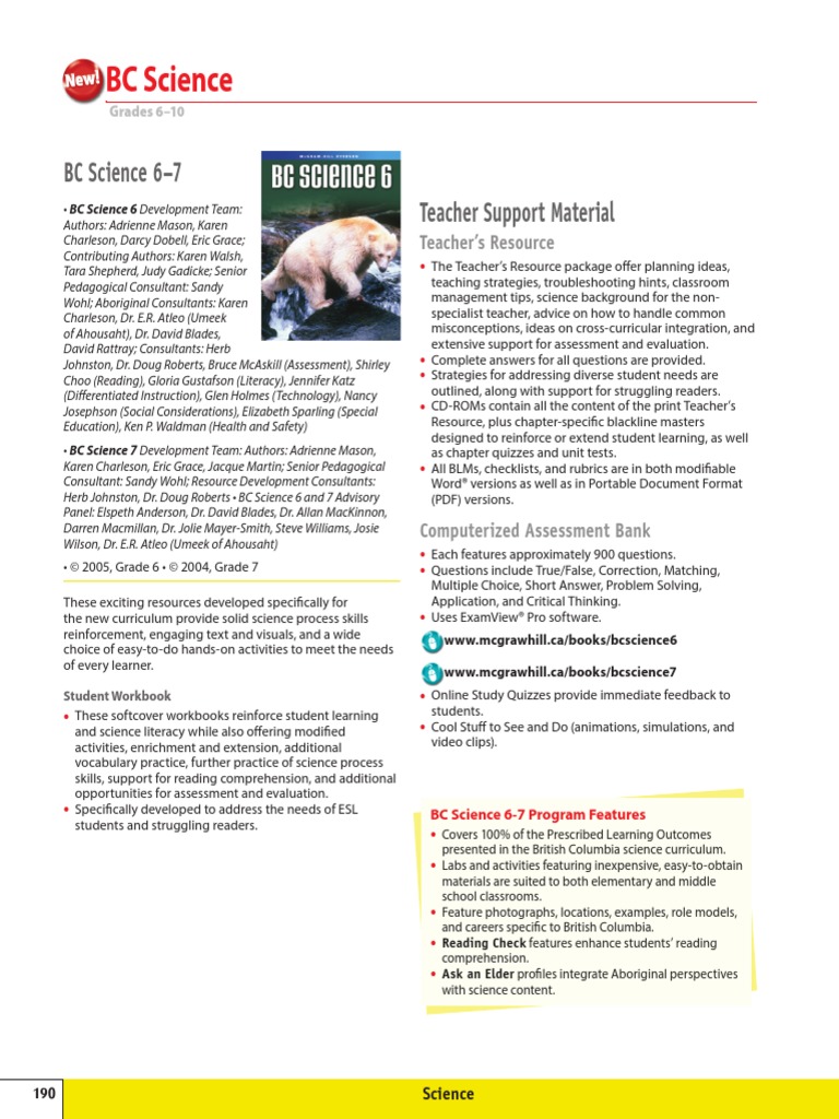 BC Science 6-7 Teacher Support Material | PDF | Life | Chemical Elements