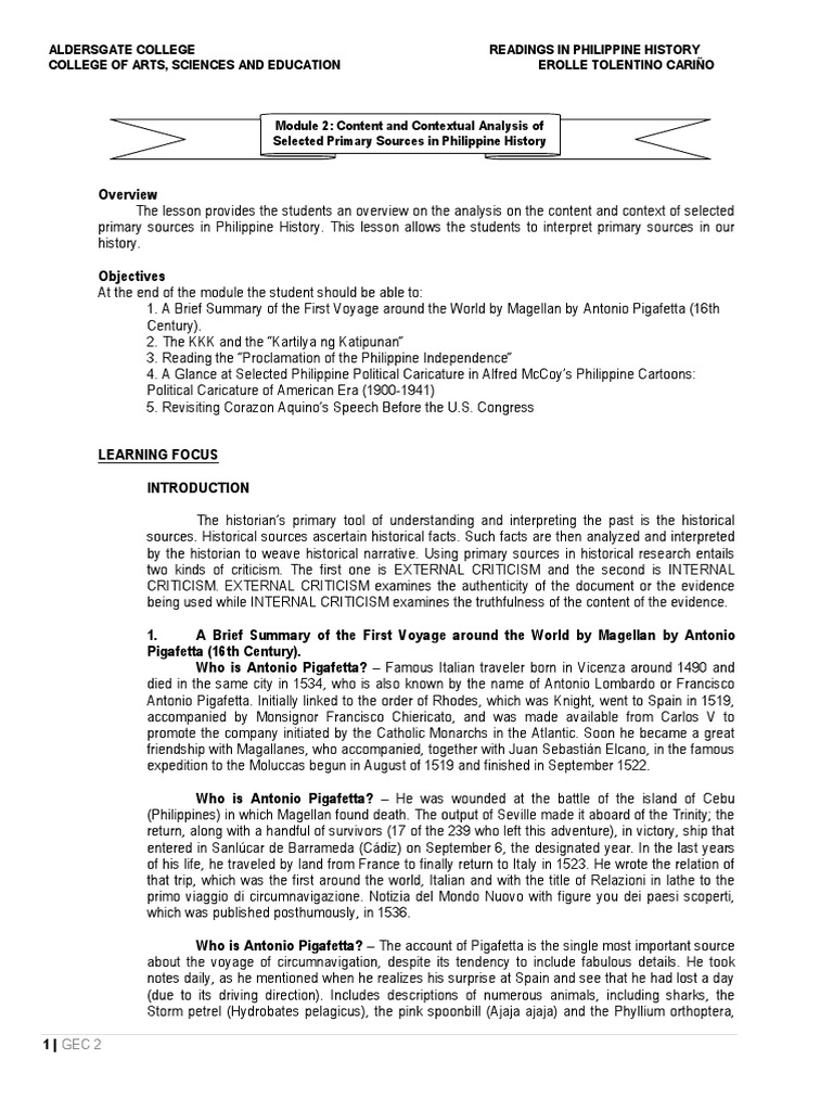 RPH Module 2 Content and Contextual Analysis of Selected Primary ...