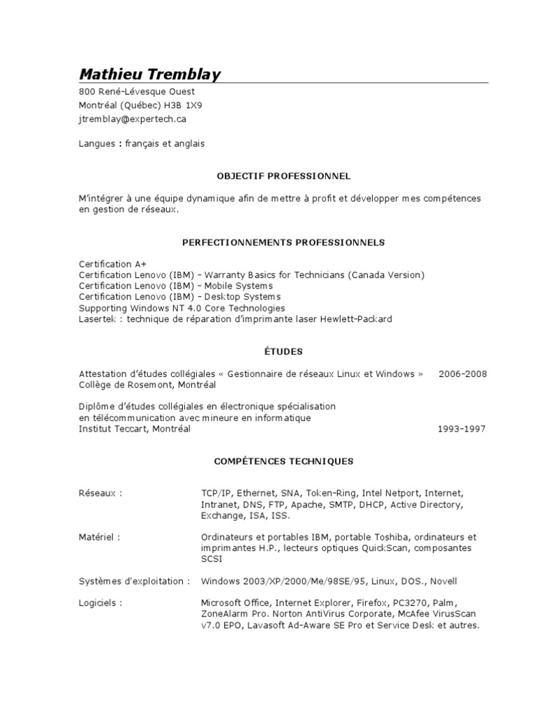 CV de Technicien Informatique | PDF | Microsoft Windows | Informatique