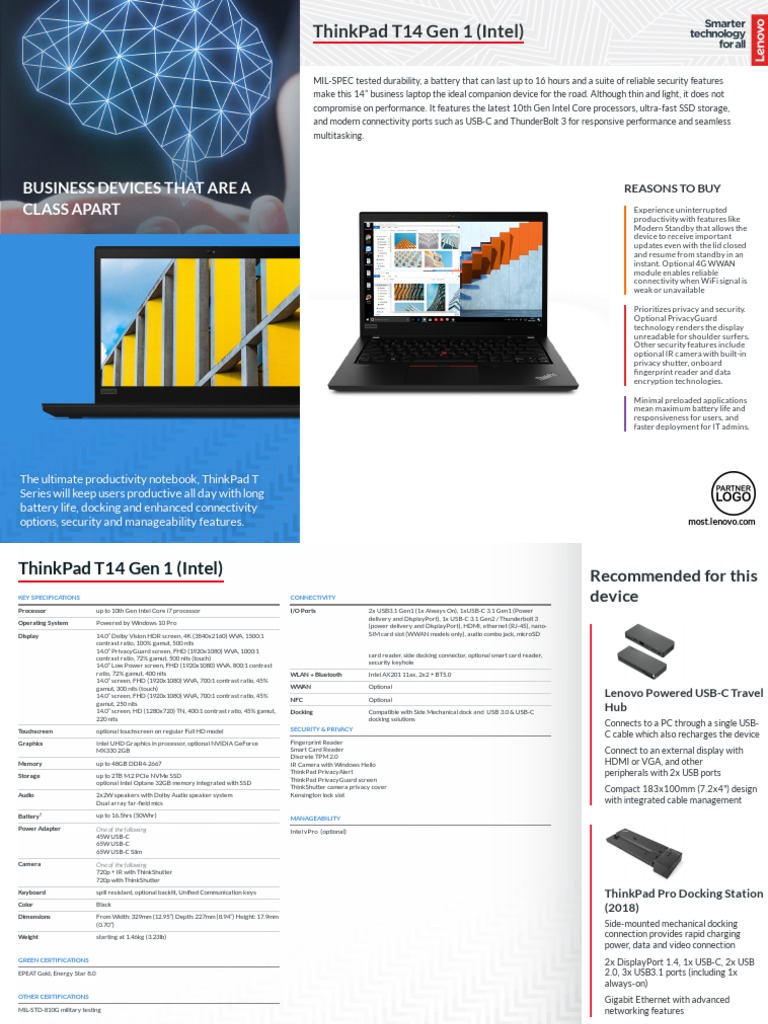 ThinkPad T14 Gen 1 Intel Datasheet EN | PDF | Usb | Computer Science