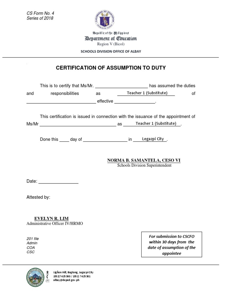 Certification of Assumption to Duty | PDF | Social Science