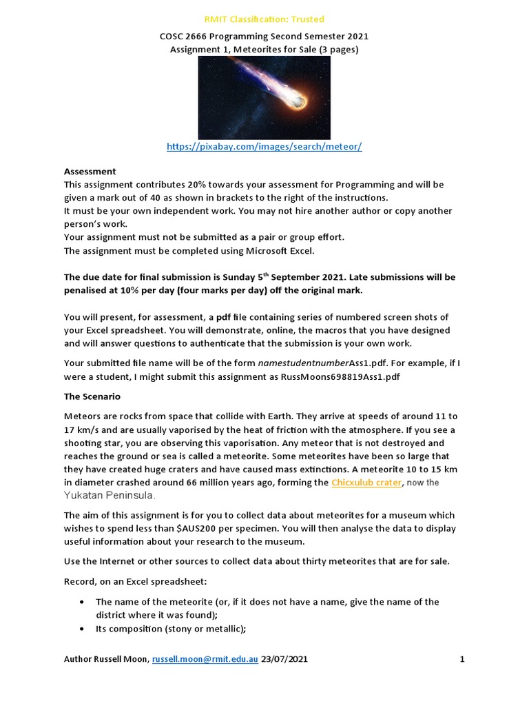 Assessment: RMIT Classification: Trusted | PDF | Spreadsheet | Meteorite