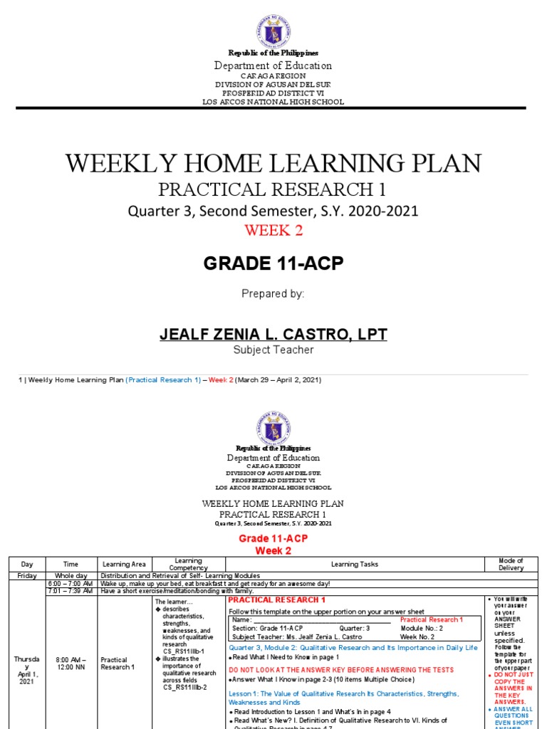 Weekly-Home-Learning-Plan 11ACP PR1 Week 2 | PDF | Multiple Choice | Applied Psychology