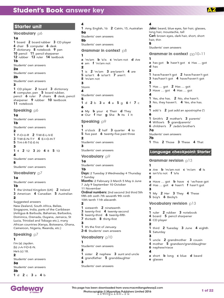A2 Answer Key SB | PDF