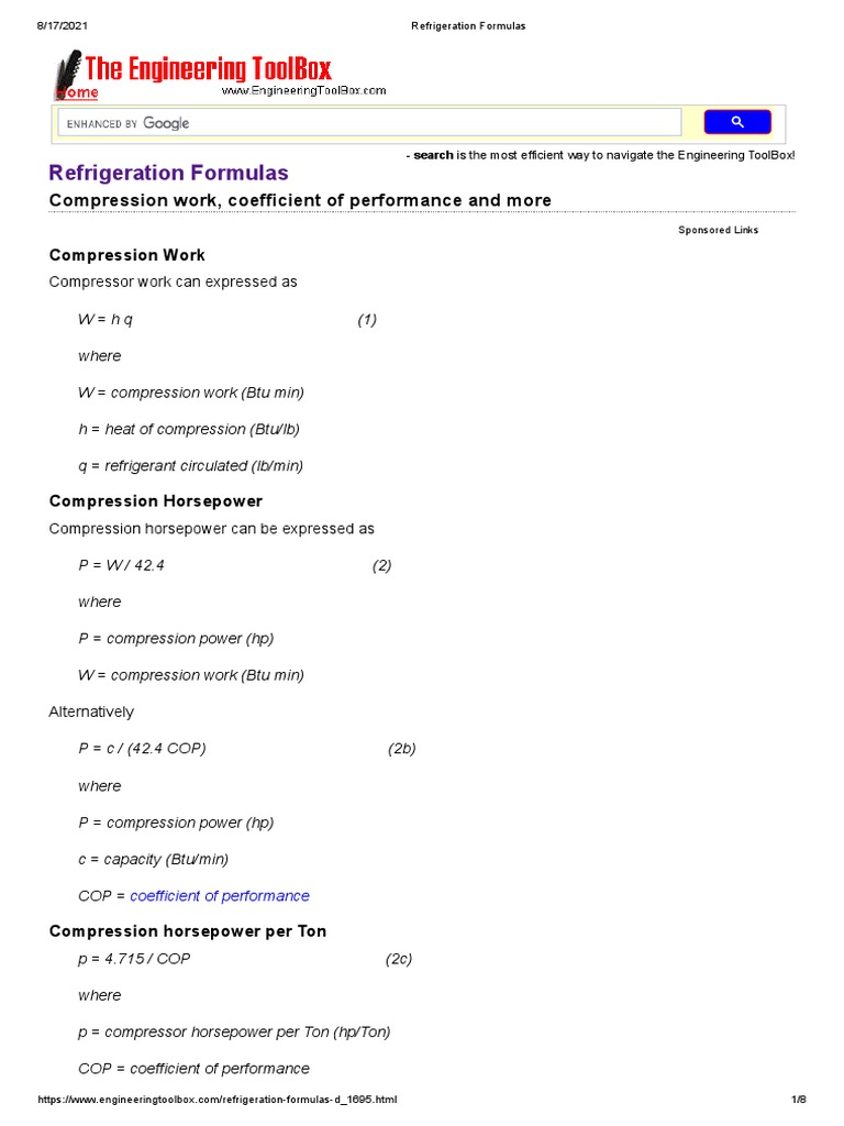 Refrigeration Formulas | PDF | Sketch Up | Refrigeration