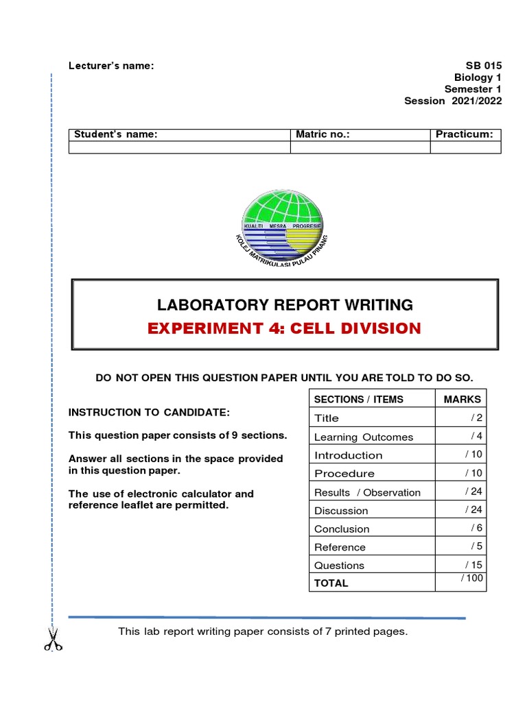 Laboratory Report Writing: Experiment 4: Cell Division | PDF | Mitosis ...