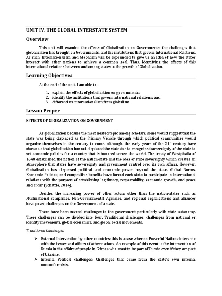 Unit 4-The Global Interstate System | PDF | Free Trade | Globalization