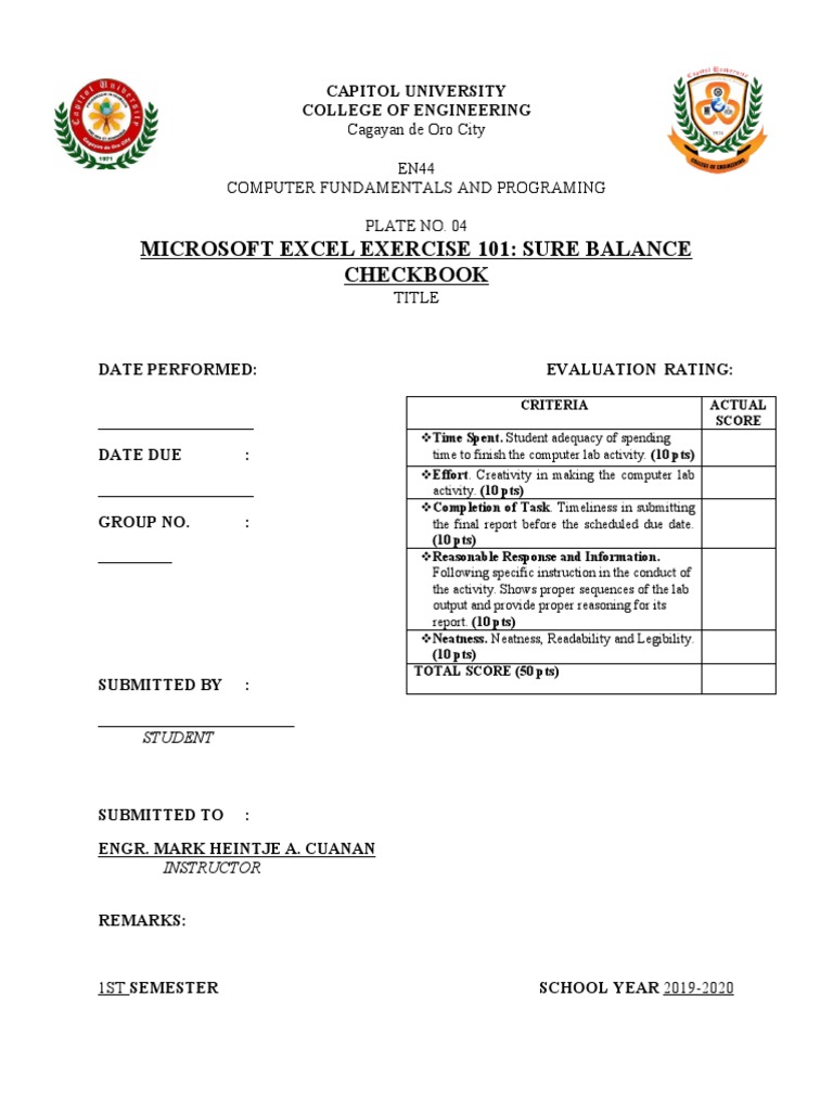 Microsoft Excel Exercise 101: Sure Balance Checkbook | PDF | Computing