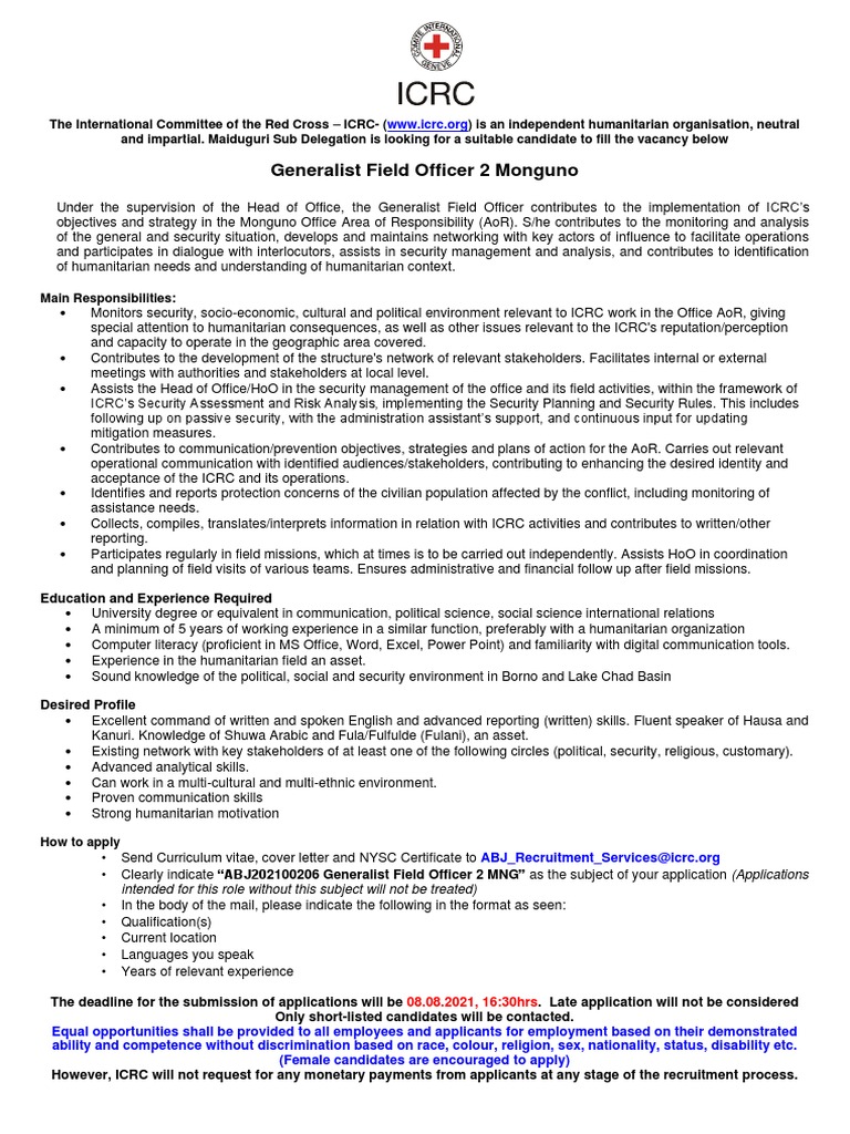 Vacancy at ICRC Generalist Field Officer 2 | PDF | International ...