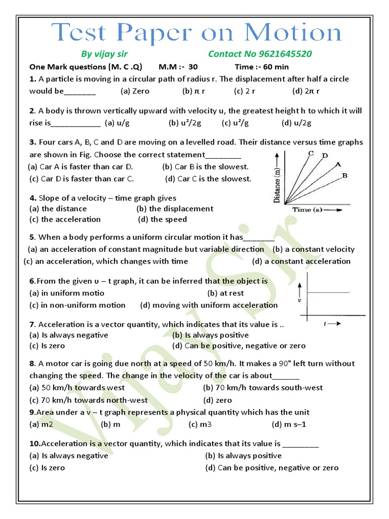 Motion - Class9 Test Paper 2021 Alfa | PDF | Acceleration | Velocity