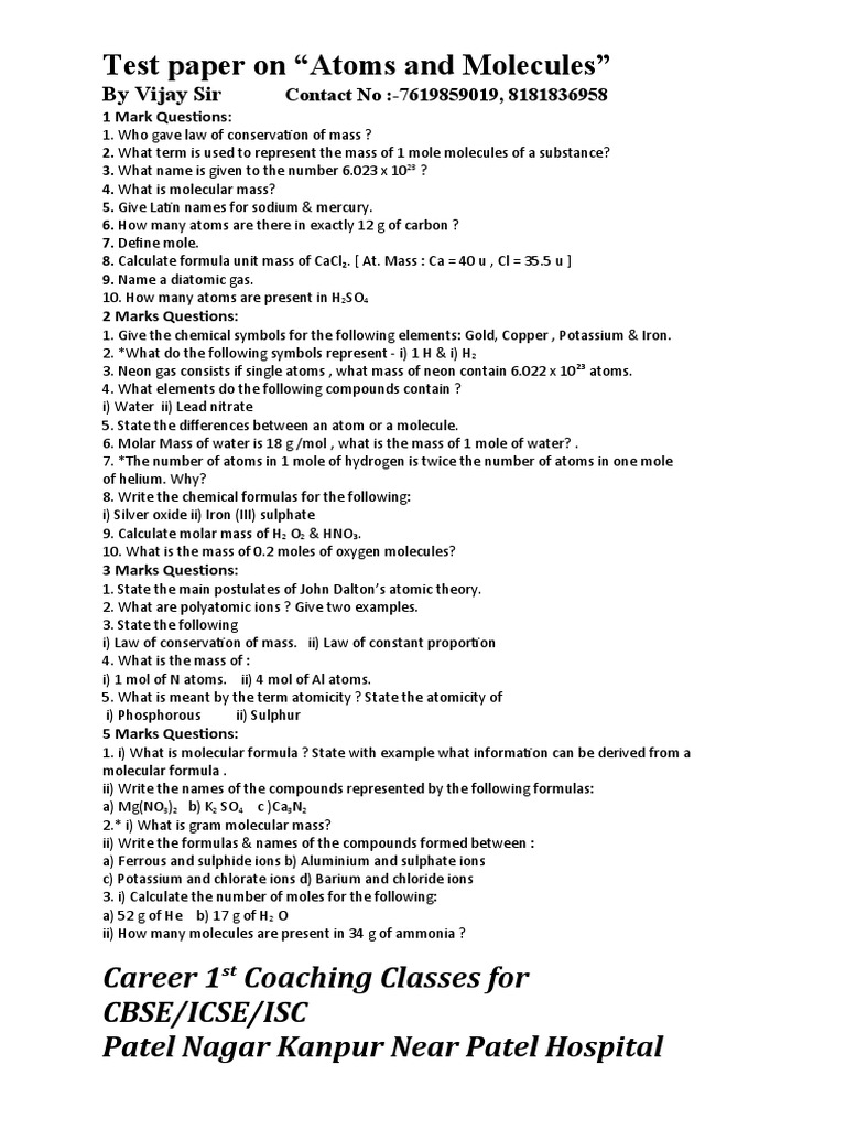 Test Paper On "Atoms and Molecules": Career 1 Coaching Classes For Cbse ...