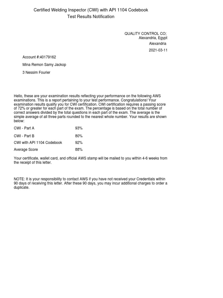Certified Welding Inspector (CWI) With API 1104 Codebook Test Results ...