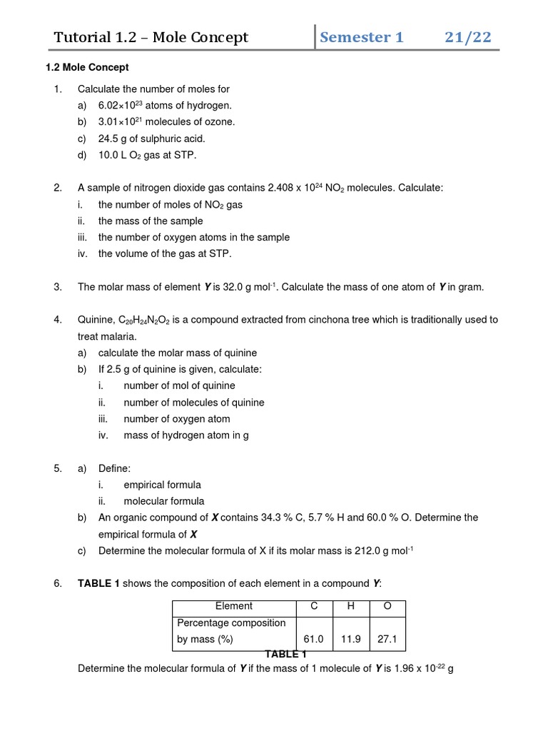 Tutorial 1.2 - Mole Concept: Semester 1 21/22 | PDF | Mole (Unit ...