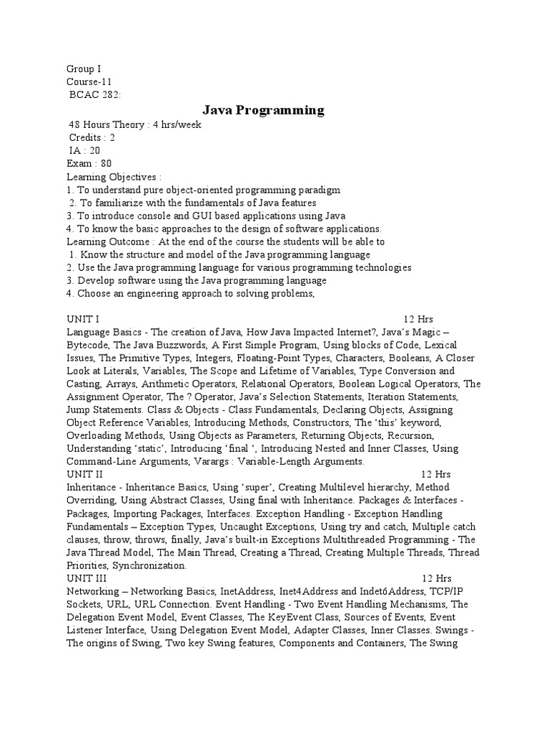 Java Programming Syllabus | PDF | Method (Computer Programming) | Java ...