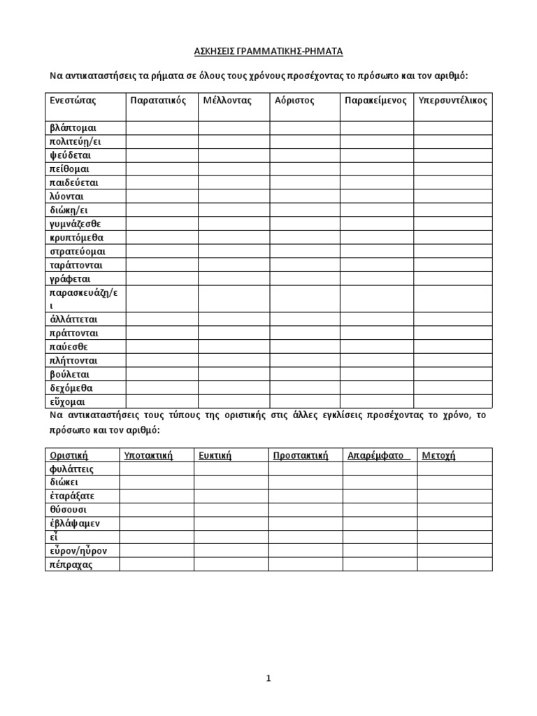 ΑΡΧΑΙΑ ΕΛΛΗΝΙΚΑ-ΑΣΚΗΣΕΙΣ ΓΡΑΜΜΑΤΙΚΗΣ-ΡΗΜΑΤΑ | PDF