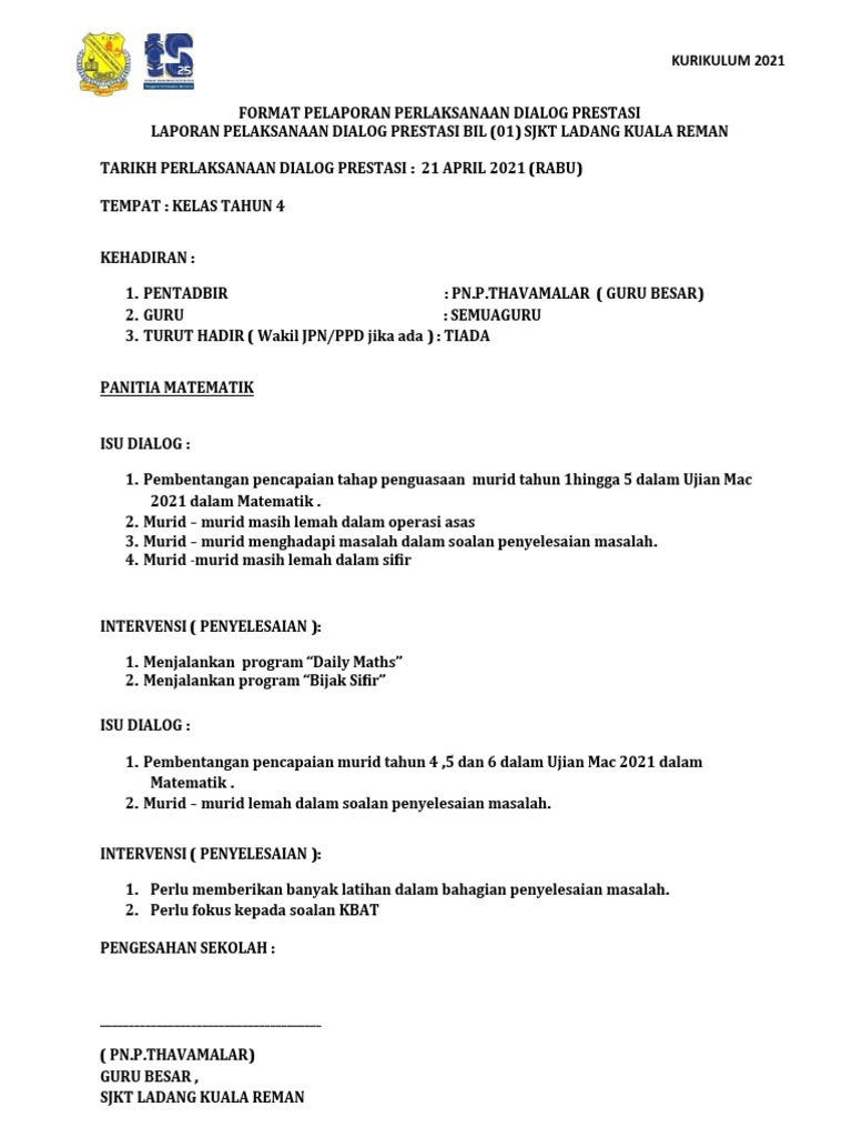 Laporan Dialog Prestasi 2021 Kali 1 | PDF