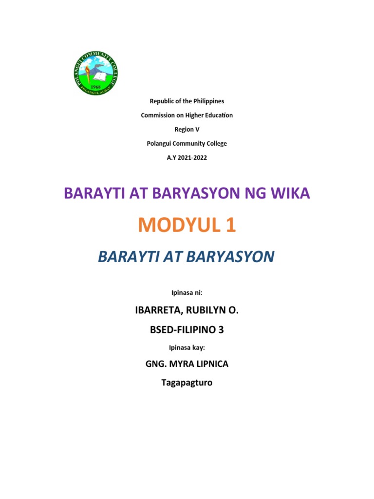 Modyul 1 (Barayti at Baryasyon NG Wika) Ibarreta, Rubilyn O.-Bsed-fil 3 | PDF