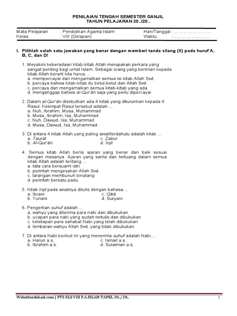 Soal PTS PAI Kelas VIII Ganjil | PDF