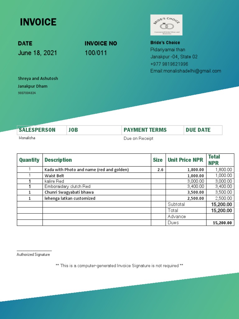 BC Invoice Shreya and Ashutosh | PDF