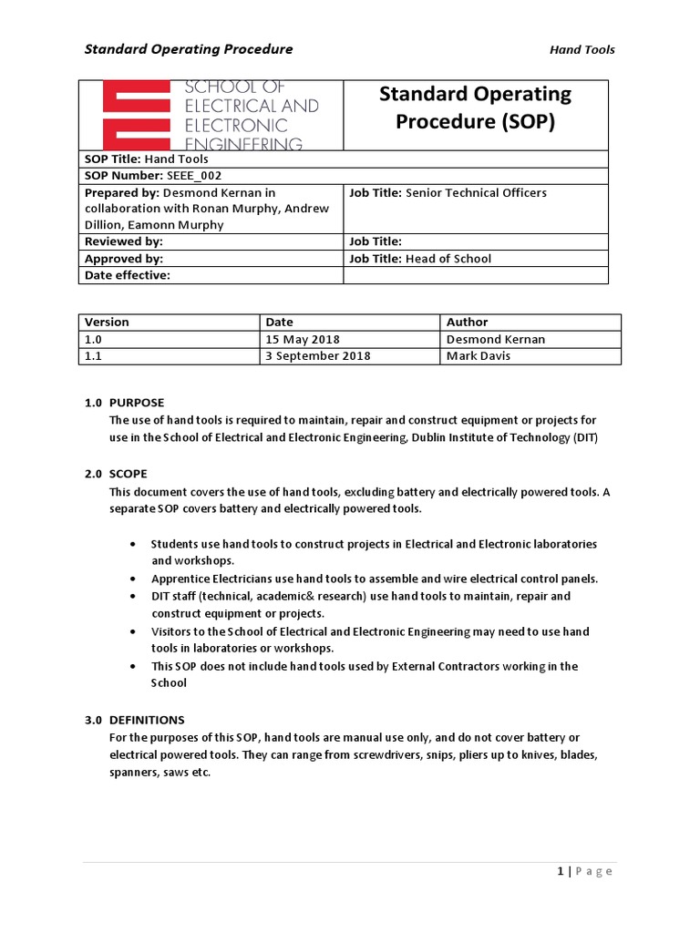 Standard Operating Procedures of Hand Tools 2 | PDF | Tools | Personal ...