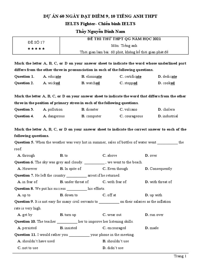 ĐỀ SỐ 17 - 60 ngày đạt 9, 10 tiếng Anh THPT - Thầy Đình Nam - IELTS ...