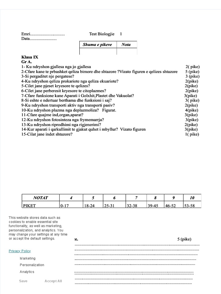 PDF Test Biologjia 9 DD | PDF