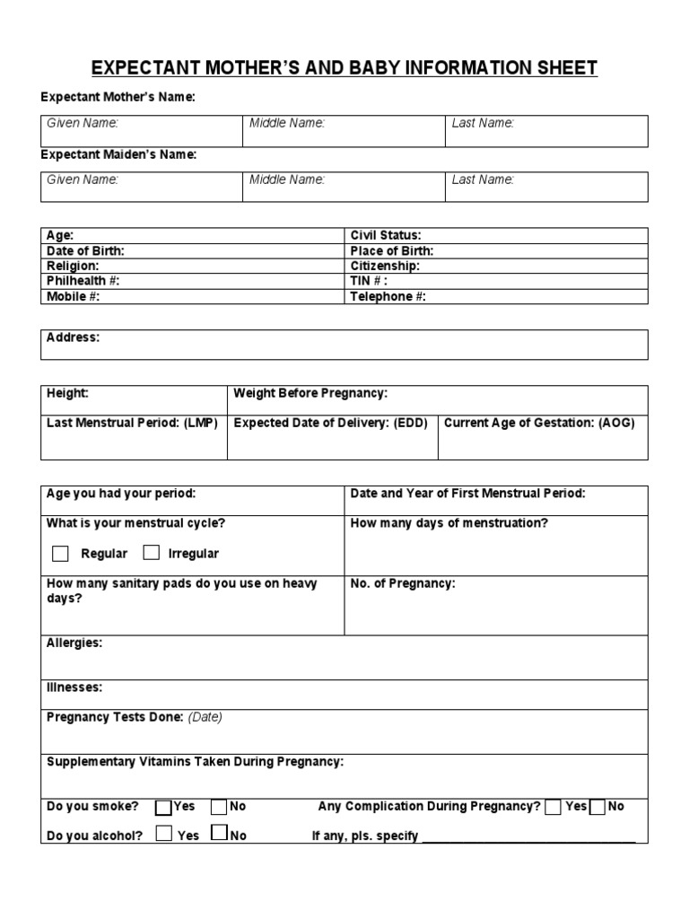 Expectant Mother'S and Baby Information Sheet: Given Name: Middle Name ...