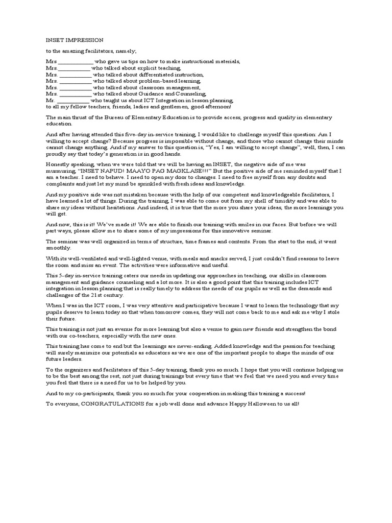 Impressions from INSET Training Seminar | PDF | Educational Technology ...