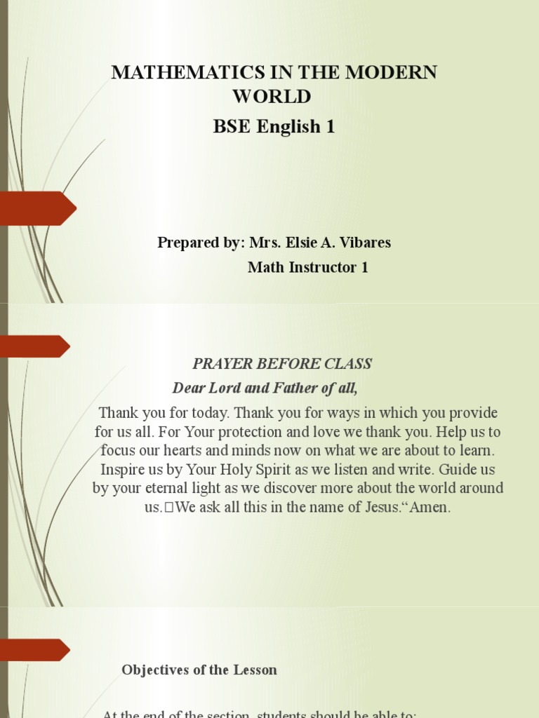 Mathematics in The Modern World BSE English 1: Prepared By: Mrs. Elsie ...