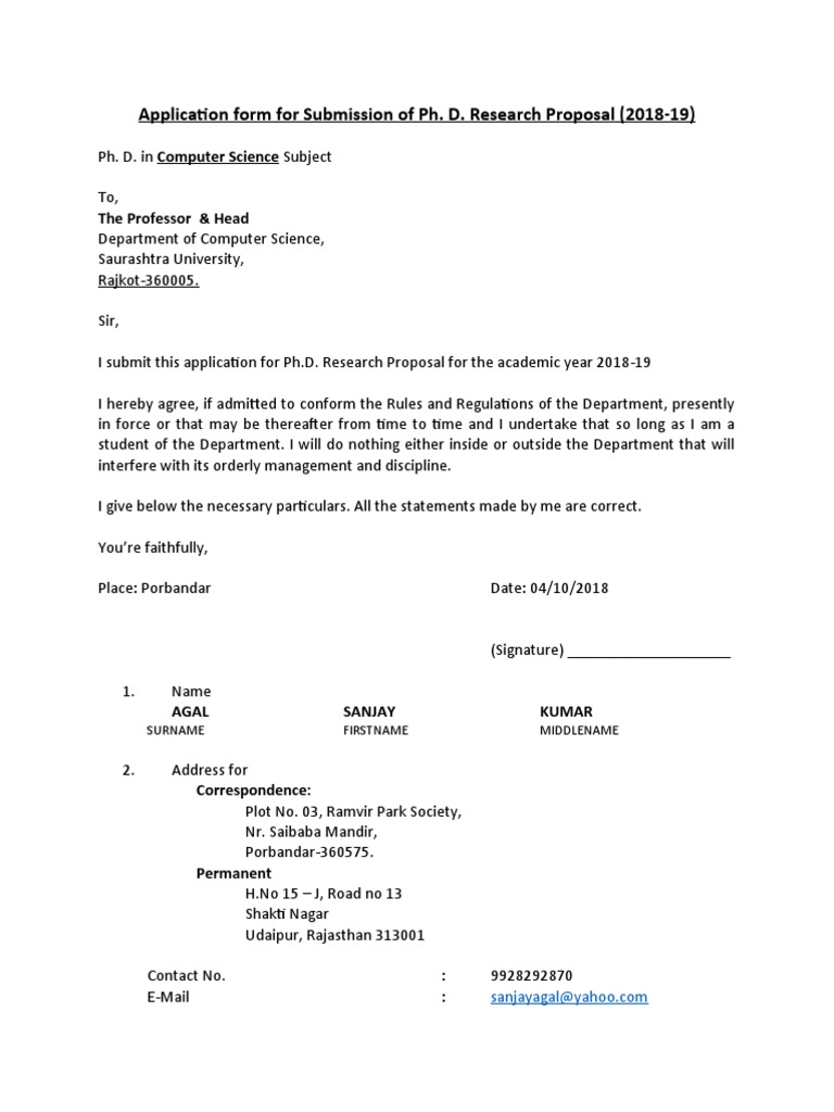 Application Form For Submission of Ph. D. Research Proposal (2018-19 ...