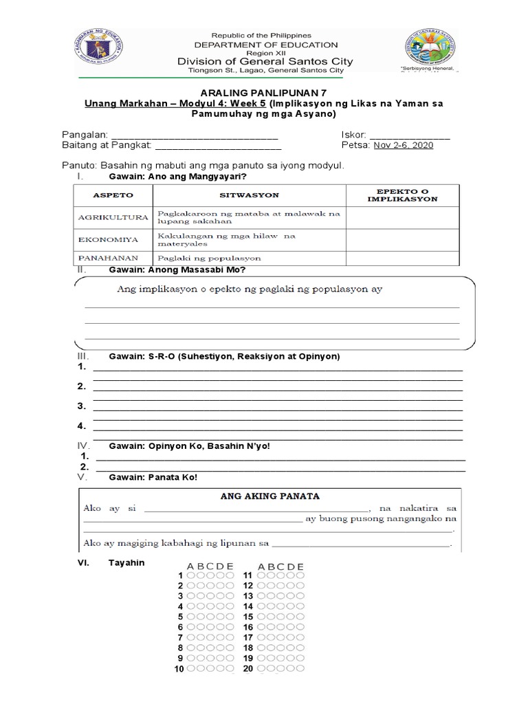 AP Answer SHEET Week 5 | PDF