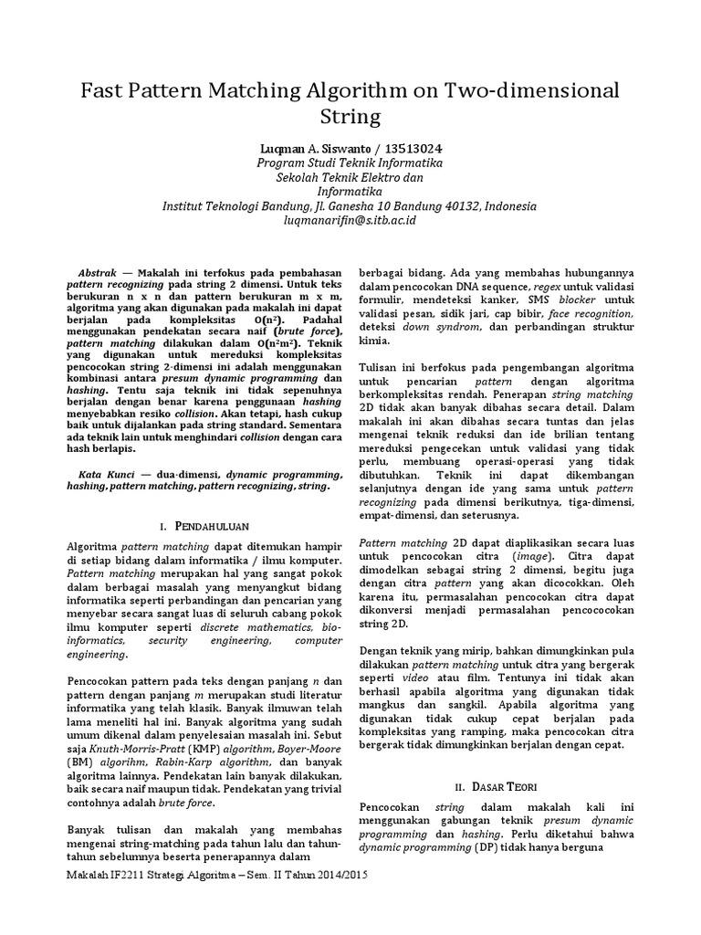 Fast Pattern Matching Algorithm On Two Dimensional String Pdf