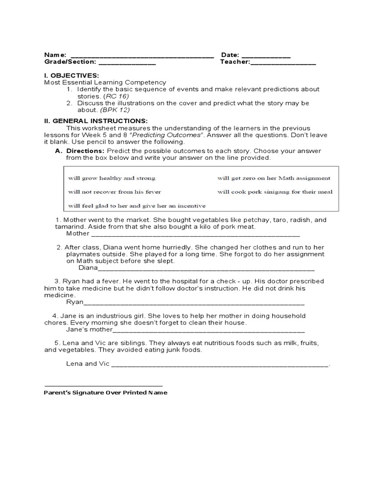 Predicting Outcomes Worksheet for Grades 1-3 | PDF | Self-Improvement