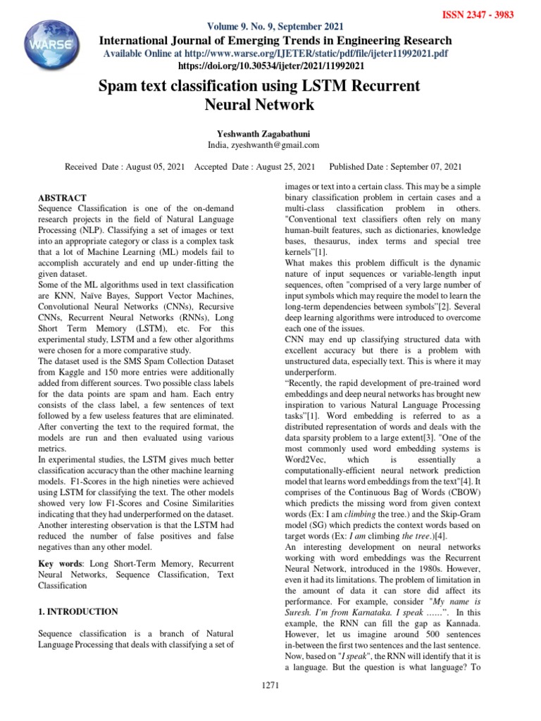 Spam Text Classification Using Lstm Recurrent Neural Network Pdf Statistical Classification