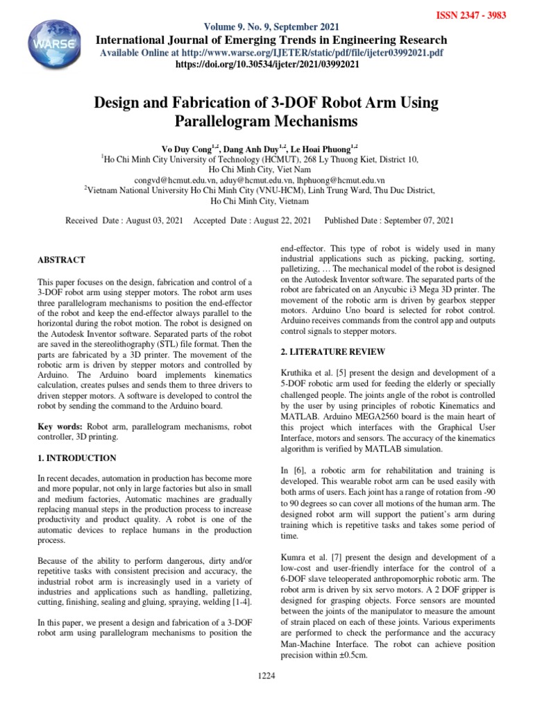 Design and Fabrication of 3-DOF Robot Arm Using Parallelogram ...