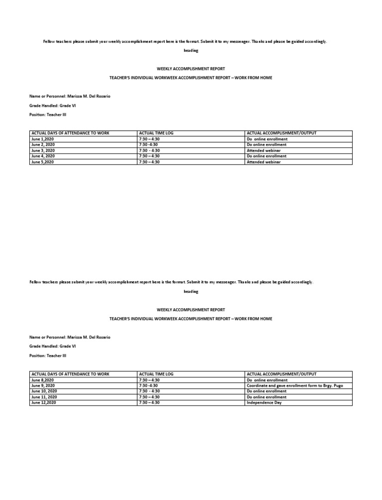 Teachers Weekly Accomplishment Report Format | PDF