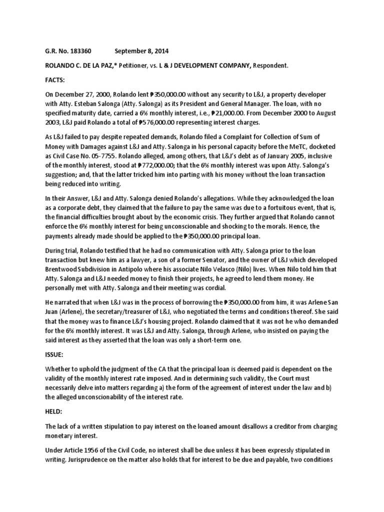 Cred Trans Digest DELA PAZ V. L&J Credit Transactions | PDF | Interest | Loans