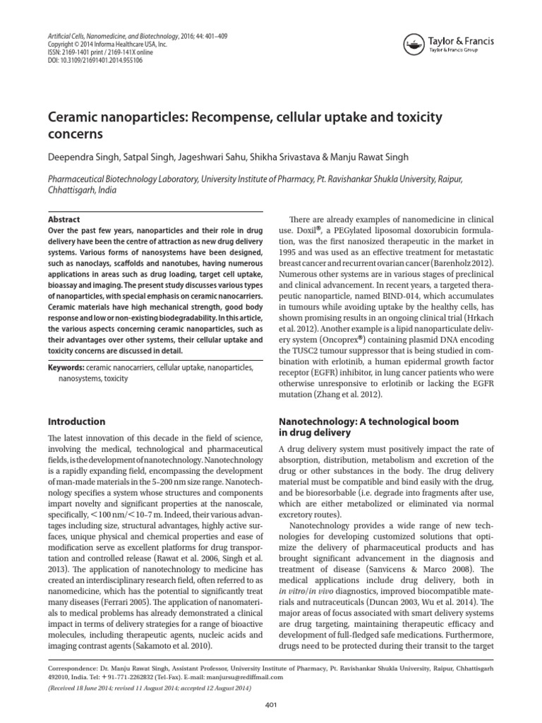 Ceramic Nanoparticles Recompense Cellular Uptake and Toxicity Concerns ...