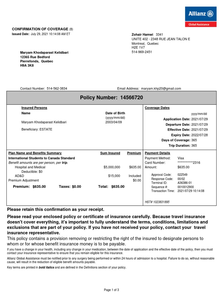 Allianz Travel Insurance Confirmation | PDF | Insurance | Government