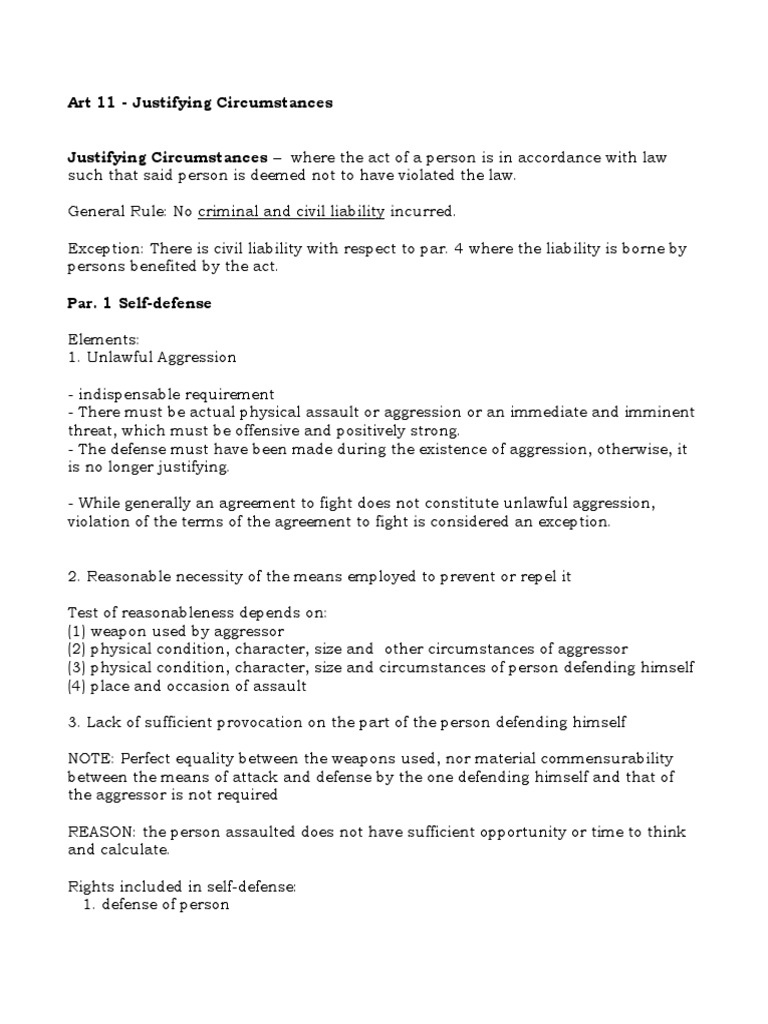 Art. 11 Justifying Circumstances | PDF | Assault | Justice