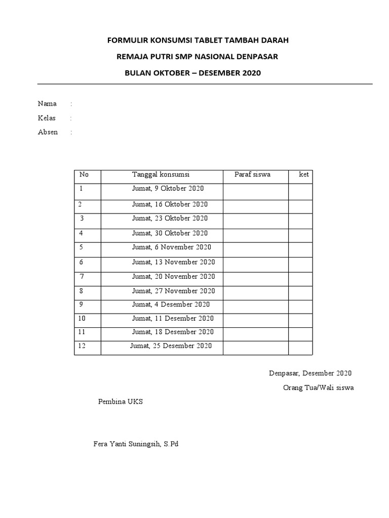Formulir Konsumsi Tablet Tambah Darah | PDF