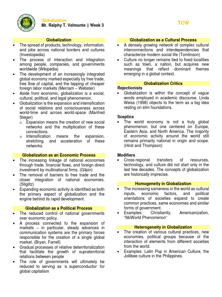 TCW Notes Week 3 | PDF | Globalization | Economies