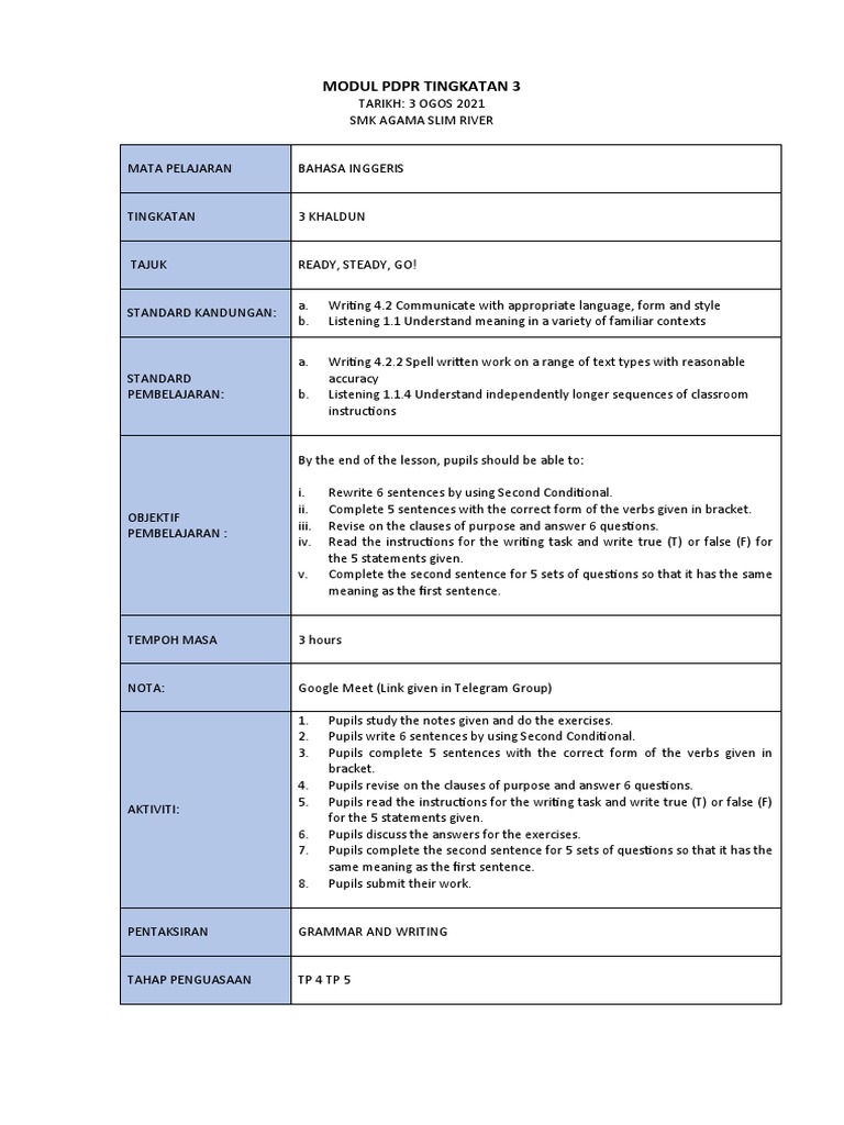 Contoh Manual PDPR (Lesson Plan) Tingkatan 3 | PDF | Sentence (Linguistics) | Cognition