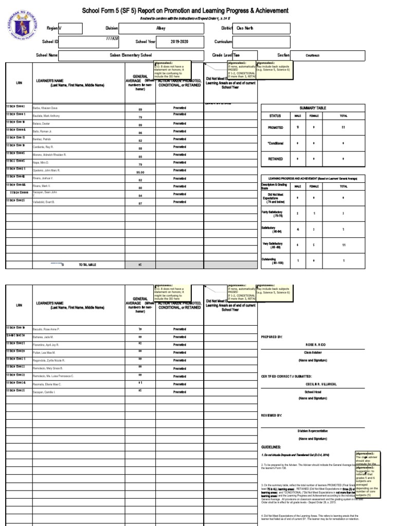 School Form 5 Reporton Promotionand Learning Progress Achievement ...