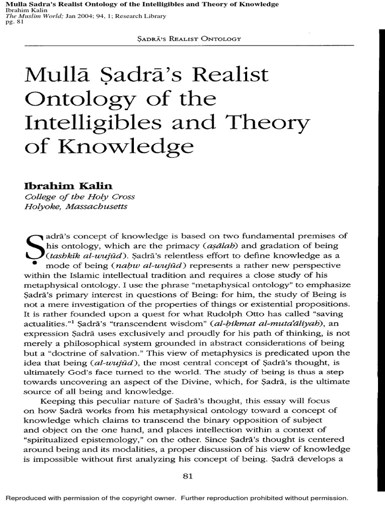 Mulla Sadra and Theory of Knowledge-Ibrahım Kalın | PDF | Justice ...