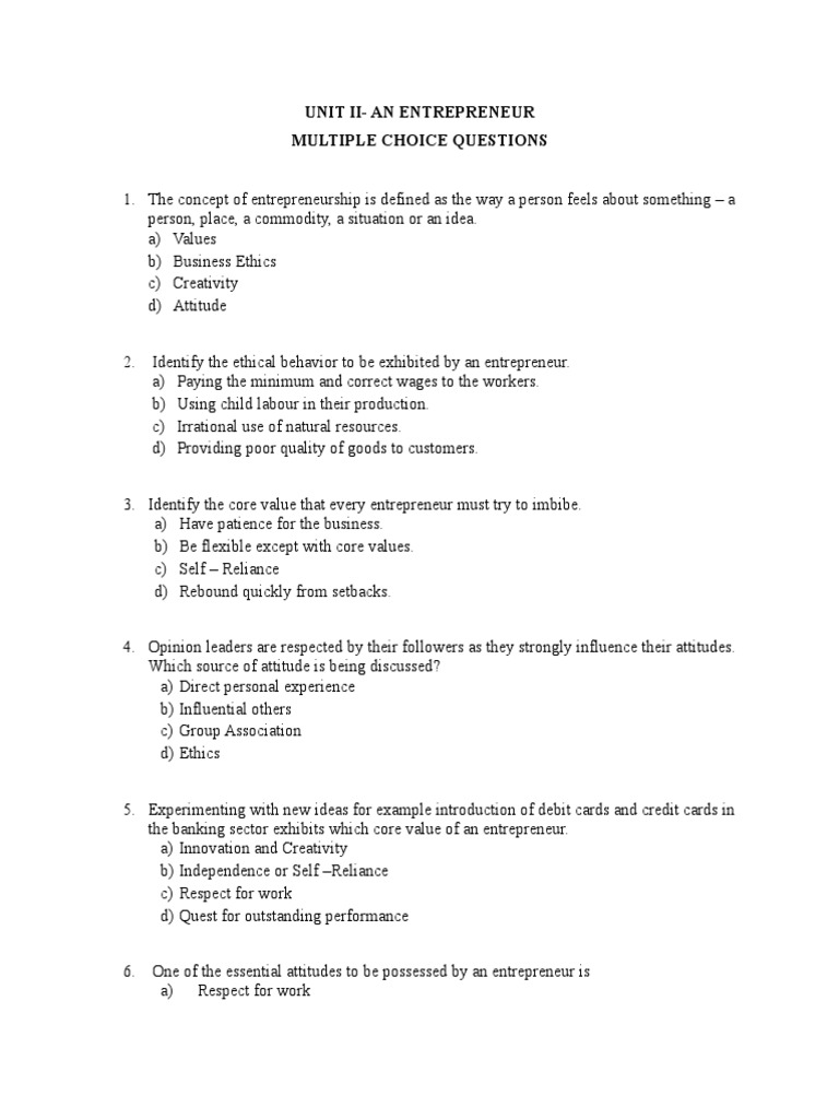 Unit Ii-An Entrepreneur Multiple Choice Questions | PDF ...