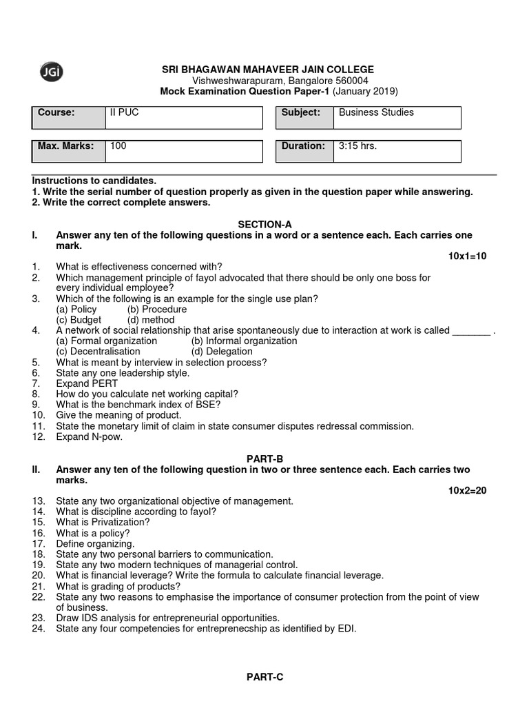 II PUC Business Studies Paper 1 | PDF | Pricing | Question