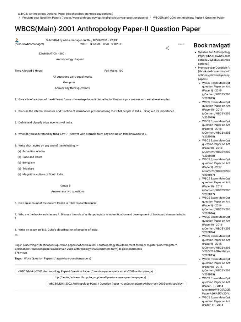WBCS Anthropology Optional Papers | PDF | Tribe