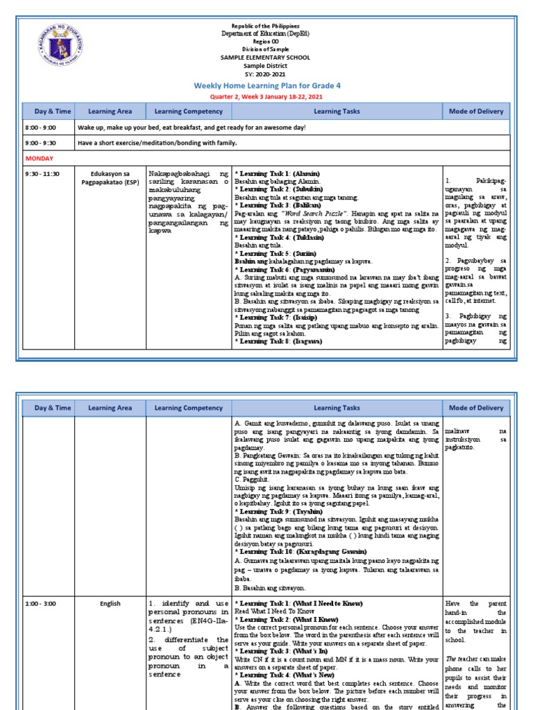 Grade 4 - All Subjects - WHLP - Q2 - W3 | PDF