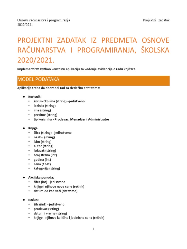 Osnove Programiranja Projekat 2020 2021 | PDF